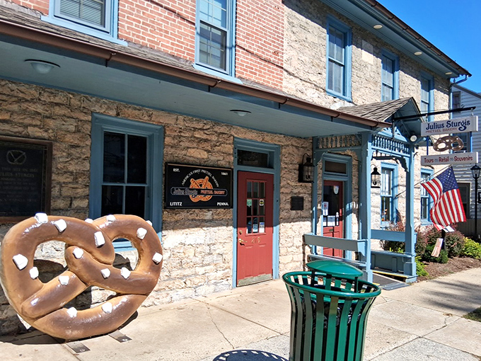 The welcoming storefront practically whispers "come inside" to passersby, while that giant pretzel sculpture screams "take my picture!" to every smartphone within range.