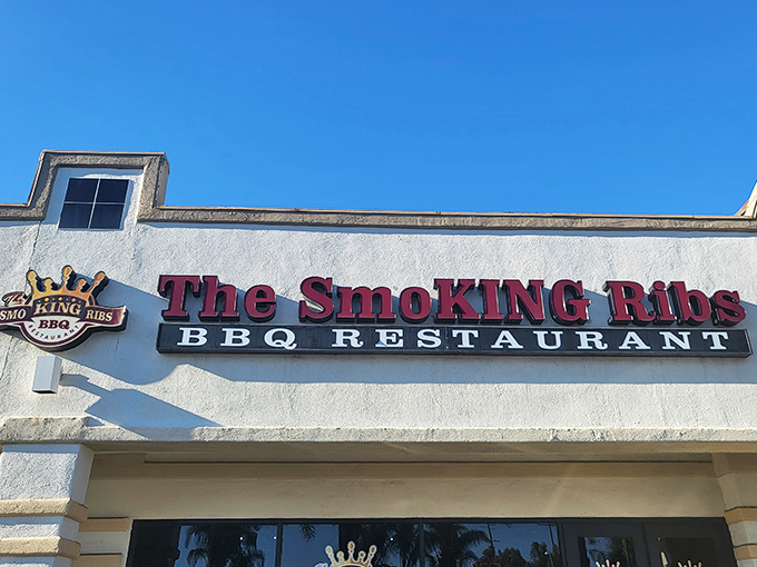 Under clear California skies, this sign promises smoky delights within. Like a barbecue North Star guiding hungry travelers home.