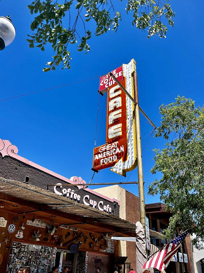 That sign against the blue desert sky isn't just advertising &ndash; it's a beacon of hope for hungry travelers and a landmark for locals who know where breakfast bliss awaits.
