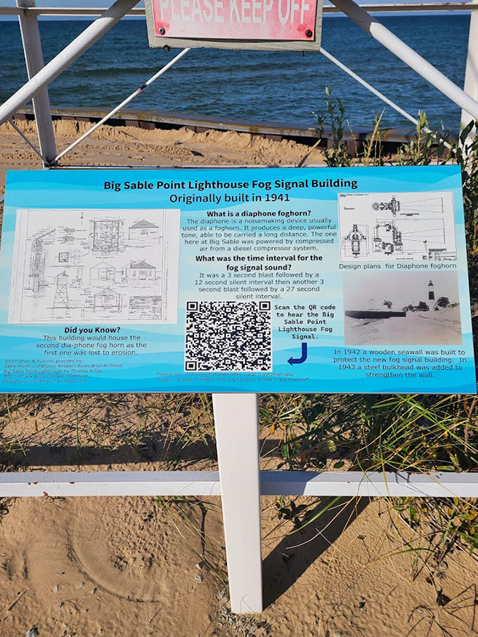 This informational sign about the fog signal building reminds us that lighthouses weren't just about light&mdash;they were full sensory warning systems.
