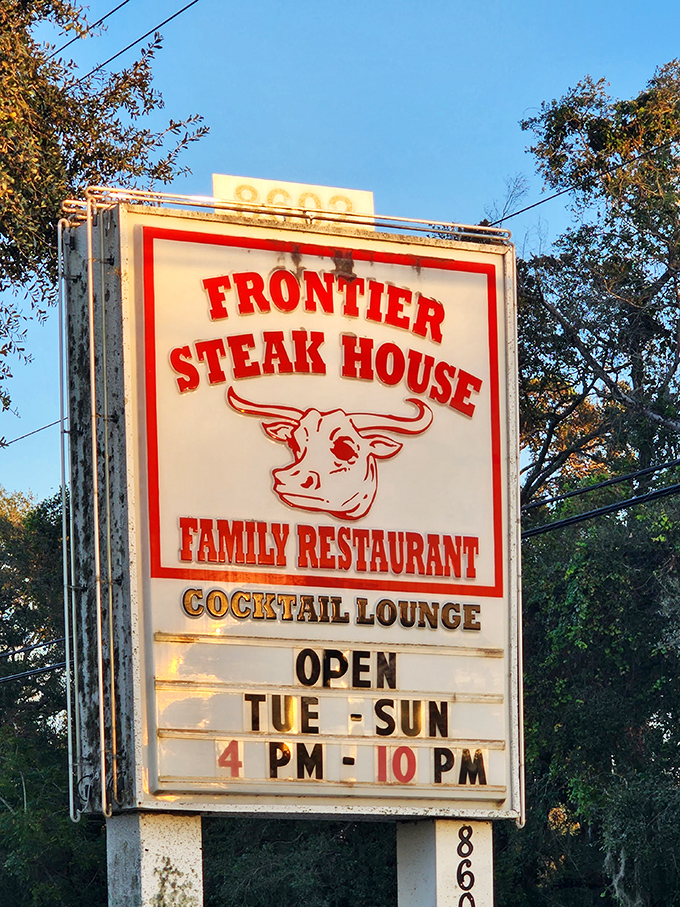 The illuminated sign glows like a beacon for hungry travelers. Open Tuesday through Sunday, 4-10 PM&mdash;hours worth memorizing for your next carnivorous craving.