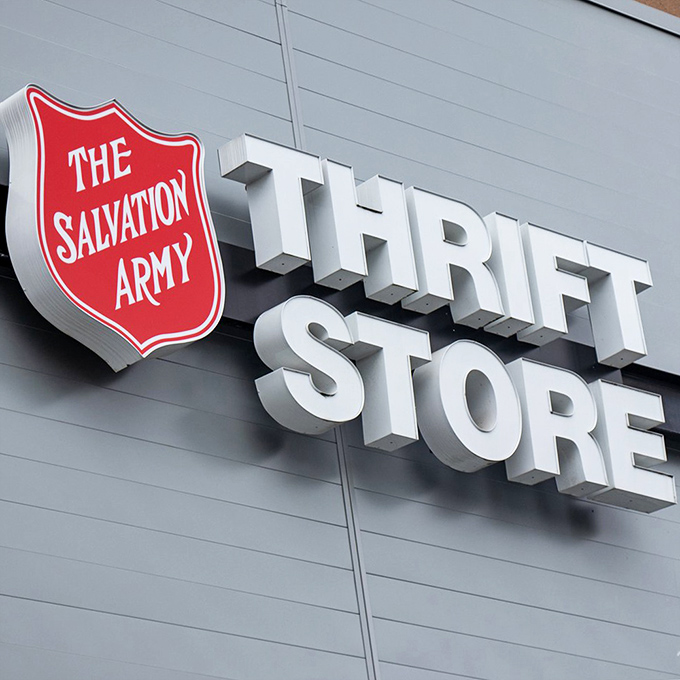 The Salvation Army's iconic shield and logo stand as a reminder that your bargain hunting also supports community programs—shopping with purpose.