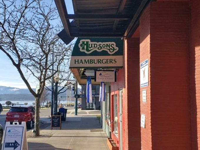 The sidewalk sign promises hamburgers and delivers an experience. With Lake Coeur d'Alene just steps away, location doesn't get better. 