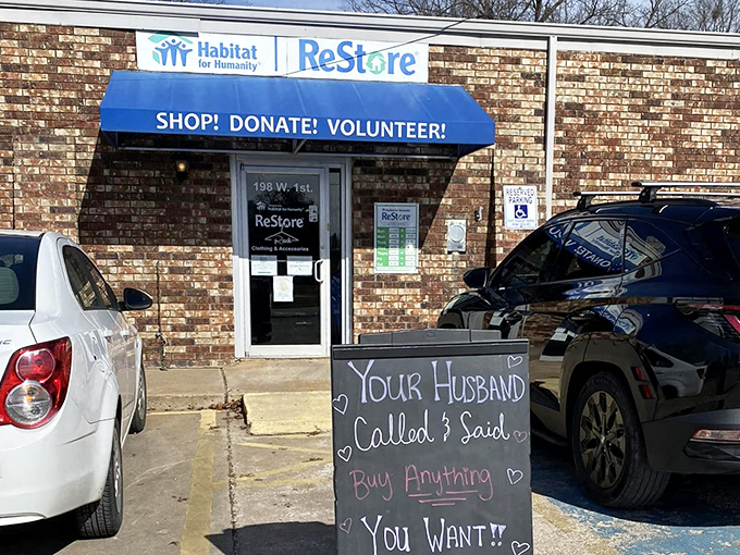 The sign says it all&mdash;shopping permission granted by absent spouses is the thrift store equivalent of finding money in your pocket.