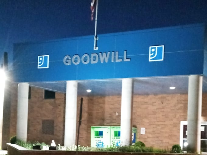 Even after hours, the Goodwill sign glows like a promise&mdash;tomorrow brings new donations, new treasures, and new chances to strike secondhand gold.