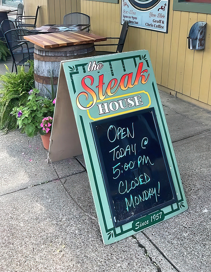 The sidewalk sign promises 5pm opening and Monday closure&mdash;information worth planning your entire week around once you've tasted what's inside.