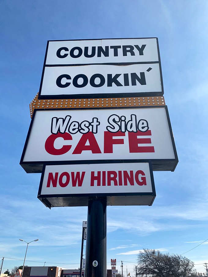 "Country Cookin'" isn't just a slogan on this roadside sign&mdash;it's a promise that West Side Cafe has been keeping to Fort Worth diners for decades.