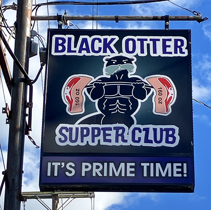 The sign says "It's Prime Time!" and that muscular otter isn't kidding &ndash; a promise of meaty delights that's impossible to resist.