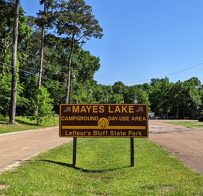 The sign that marks the entrance to your escape from everyday life, where Mayes Lake offers both day trips and overnight adventures just minutes from downtown Jackson.