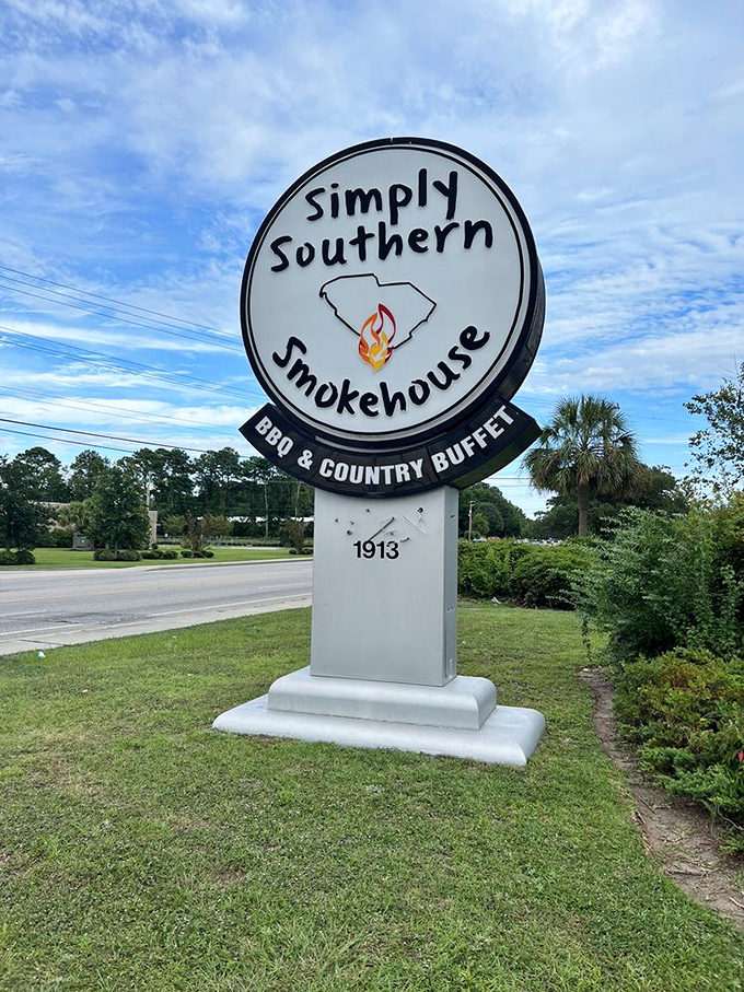 The sign says it all: BBQ & Country Buffet with the outline of South Carolina aflame&mdash;a beacon of hope for hungry travelers and locals alike.