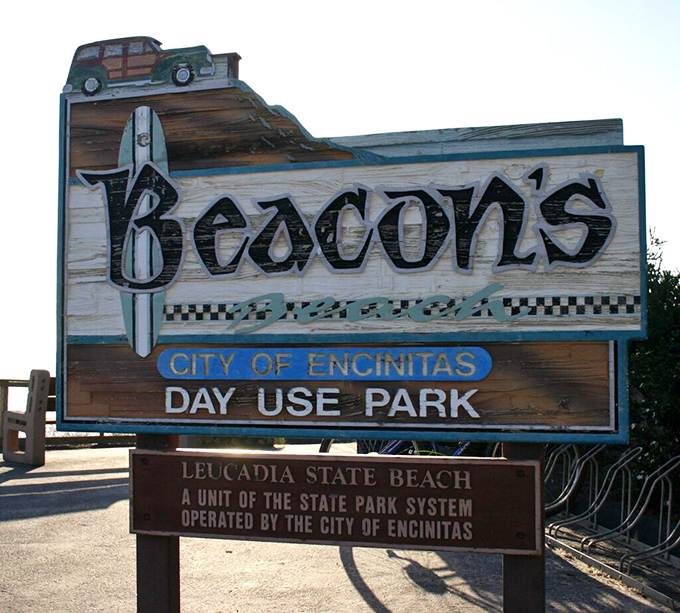 Welcome to Beacon's Beach, where the wooden sign promises exactly what it delivers: pure Southern California coastal magic.