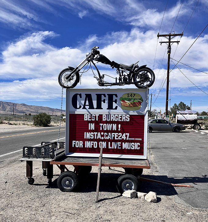 The roadside beacon that's saved countless hungry travelers. Complete with motorcycle on top, because ordinary signage just wouldn't do for this extraordinary spot.