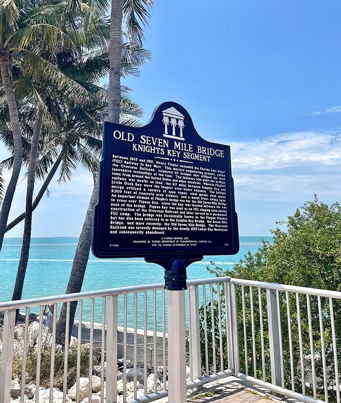 History stands guard over beauty. This marker tells the tale of Henry Flagler's ambitious railroad that paved the way for today's highway adventure.