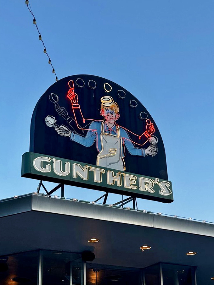 As evening falls, the neon sign glows like a lighthouse guiding dessert-seekers safely to shore. Ice cream o'clock has officially arrived.