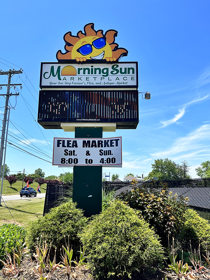 The cheerful Morningstar Marketplace sign welcomes treasure hunters every weekend, promising discoveries from 8 to 4.