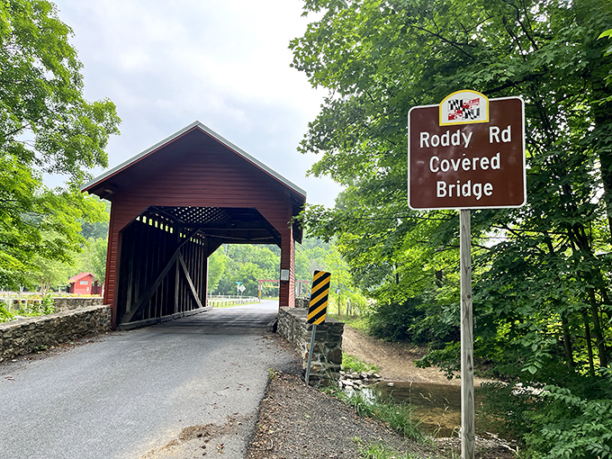 That official Maryland signage confirms you've found the right spot for your own covered bridge adventure and photo session.