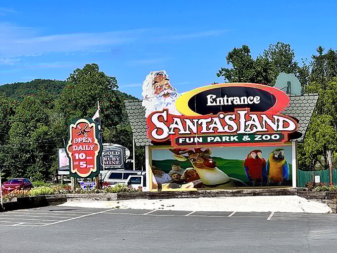 That entrance sign featuring Santa and the gang pretty much summarizes the gleeful insanity waiting beyond those gates.