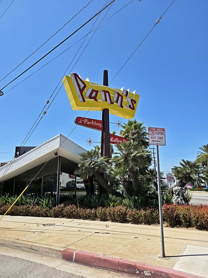 The sign rises above La Tijera Boulevard like a retro North Star, guiding hungry travelers to pancake paradise since the days of tailfins and optimism.