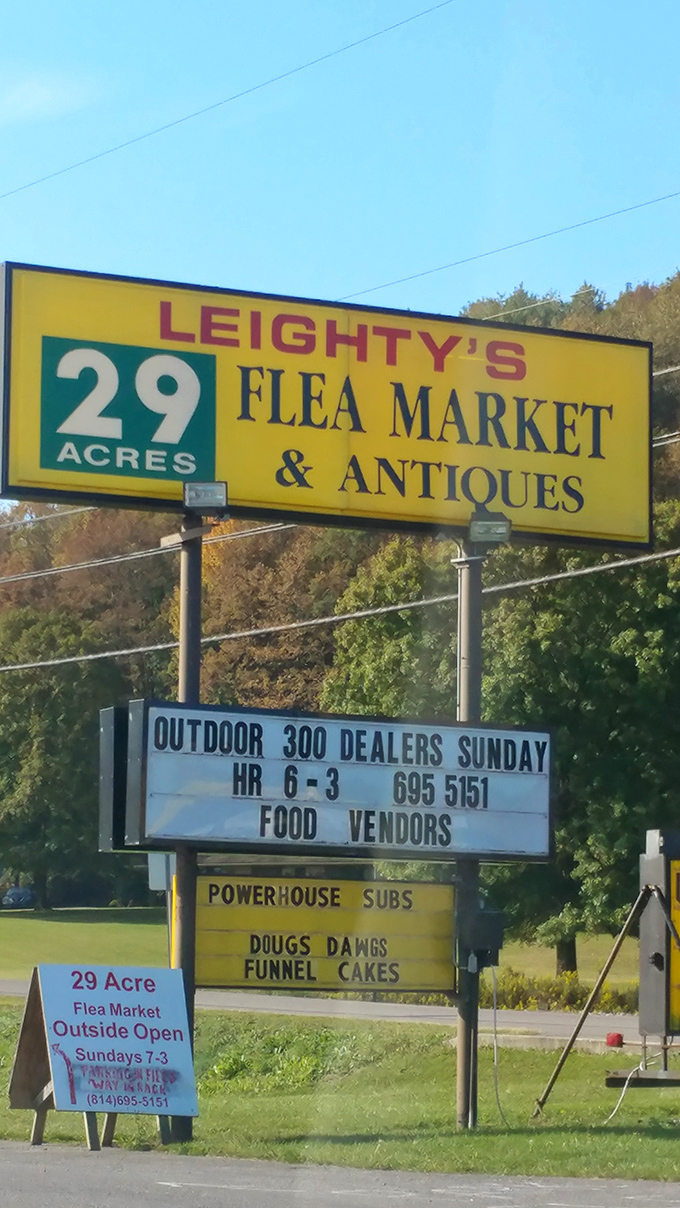 Twenty-nine acres of possibility! The iconic Leighty's sign promises hundreds of dealers, Sunday treasures, and the all-important food vendors.