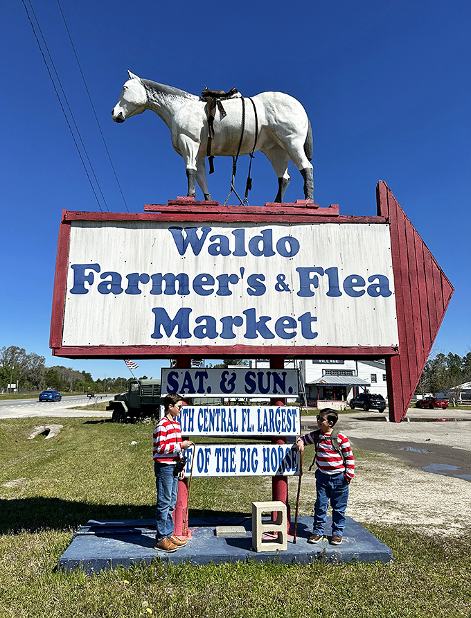 The market's iconic roadside sign with its white horse stands as a beloved landmark, guiding weekend treasure hunters to North Central Florida's largest flea market.