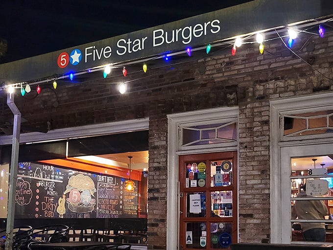 The colorful lights and glowing sign beckon hungry travelers like a beacon of burger hope in the night.