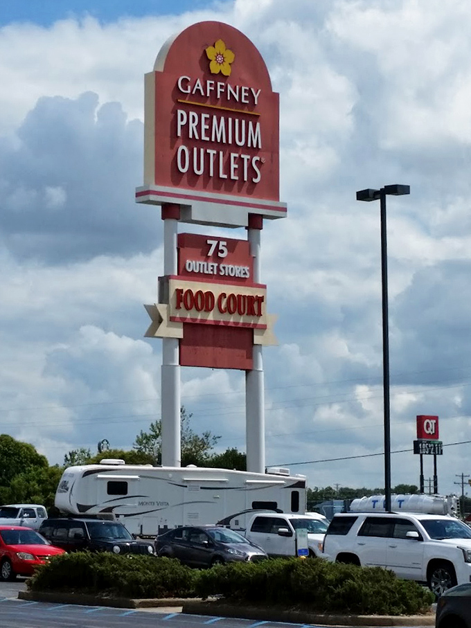 The iconic Gaffney Premium Outlets sign proudly announces "75 Outlet Stores"&mdash;a number that simultaneously thrills dedicated shoppers and terrifies reluctant spouses.