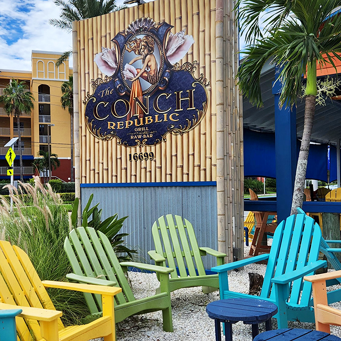 The sign that signals you've arrived at flavor paradise. Those Adirondack chairs aren't just decoration&mdash;they're an invitation to slow down.