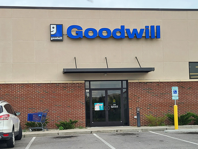 The welcoming entrance to a world of possibilities. That blue Goodwill sign has become synonymous with sustainable shopping and community support across America.