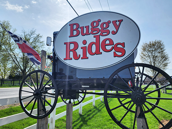 Not just transportation but an icon&mdash;this clever buggy-shaped sign announces you've arrived at the gateway to authentic Amish experiences.