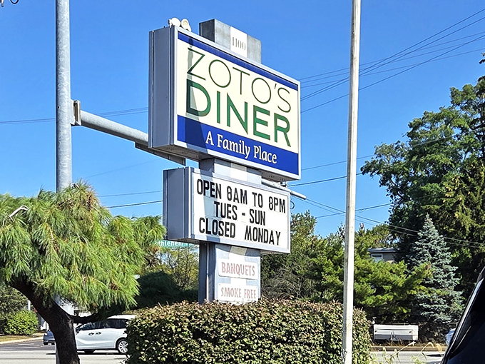 The roadside sign proudly announces Zoto's as "A Family Place" – three words that perfectly capture the welcoming spirit that's kept this diner thriving for decades.