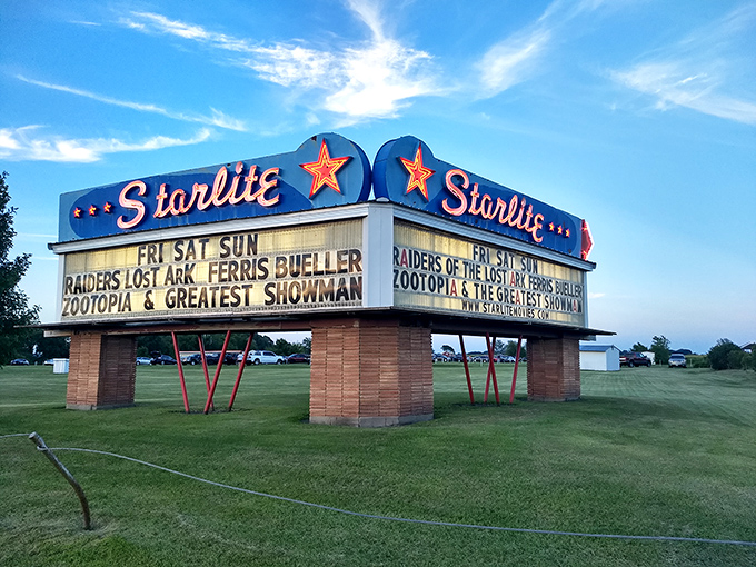 The iconic Starlite marquee announces tonight's features with the same excitement your grandparents felt decades ago.