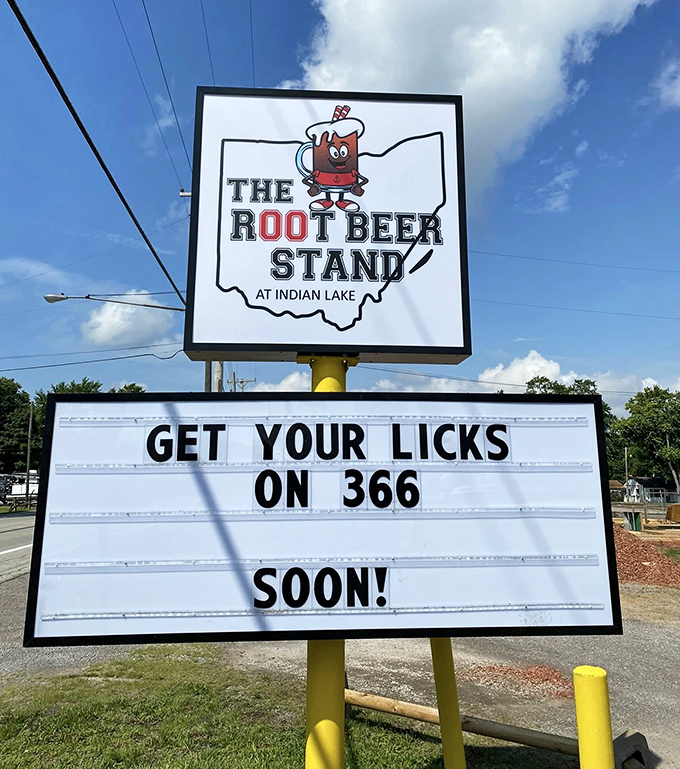 The mascot—a root beer mug with personality—announces what locals already know: this is where Ohio goes for a proper summer fix.