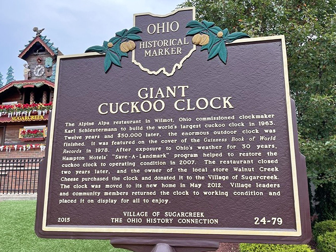 This historical marker tells the clock's journey from restaurant curiosity to community treasure&mdash;proof that sometimes the best attractions get a second act.