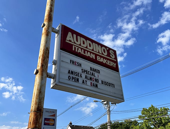 The marquee of dreams, advertising fresh baked treasures under blue Ohio skies, follow this sign to biscotti bliss!