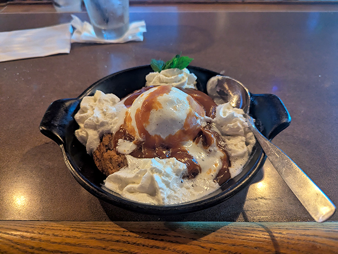 The dessert equivalent of a standing ovation – warm cookie crowned with ice cream and surrounded by a supporting cast of whipped cream.