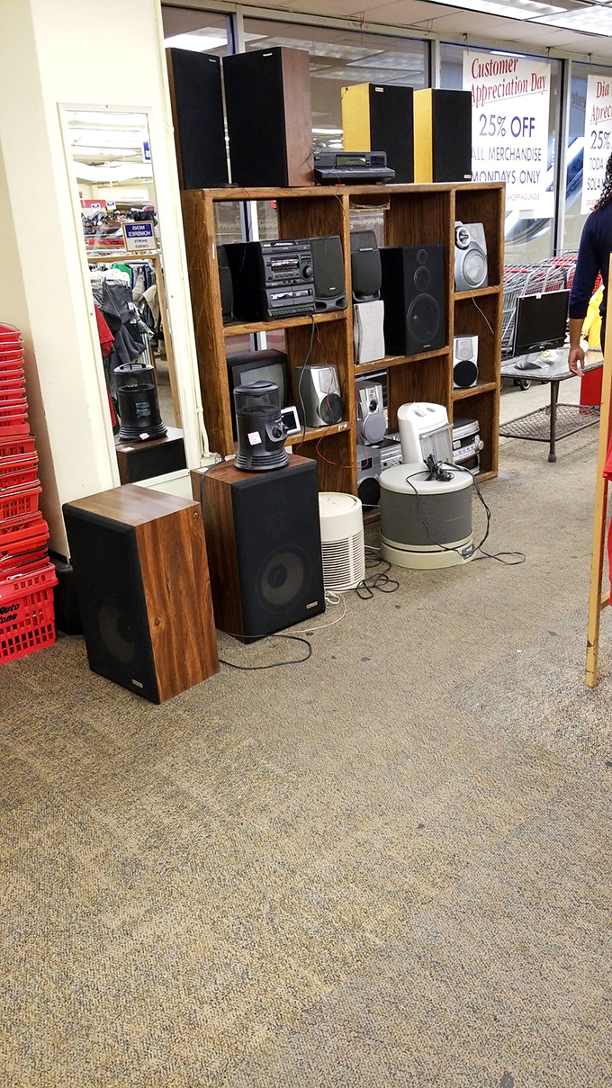 The electronics corner&mdash;where vintage speakers and sound systems await audio enthusiasts who know that sometimes older technology delivers warmer sound.