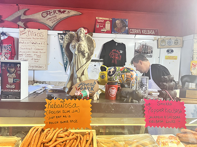 Handwritten signs and colorful labels tell you what's what, but it's the carefully arranged sausages that speak the universal language of deliciousness.