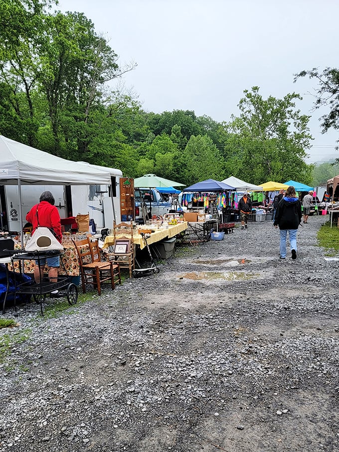 Rain or shine, the market's gravel lanes fill with browsers seeking everything from antique chairs to handmade treasures.