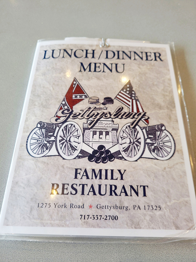 A menu cover that embraces Gettysburg's historical significance. Civil War cannons and American flags frame a restaurant that's become its own local landmark.