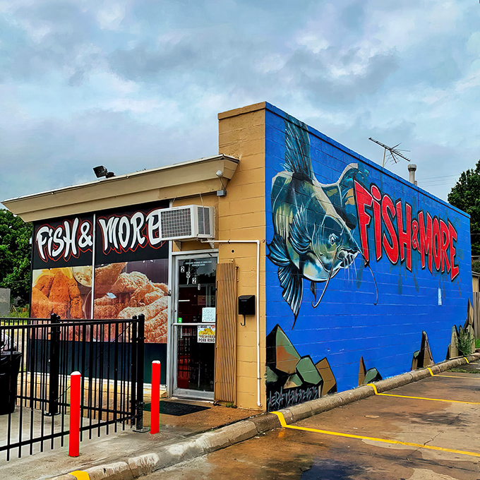 The striking blue mural and bold signage announce that this isn't just another fast food spot&mdash;it's a seafood destination worth the journey.