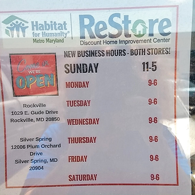 Store hours posted clearly because even treasure hunting needs a schedule &ndash; Sunday shoppers, you're in luck!