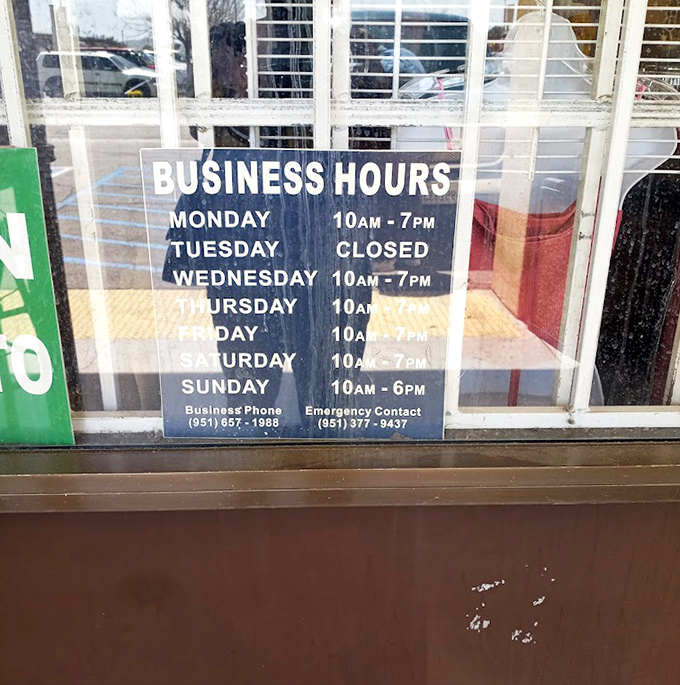 The sacred schedule! These business hours are the golden key to planning your treasure-hunting expedition. Tuesday shoppers, you're out of luck.