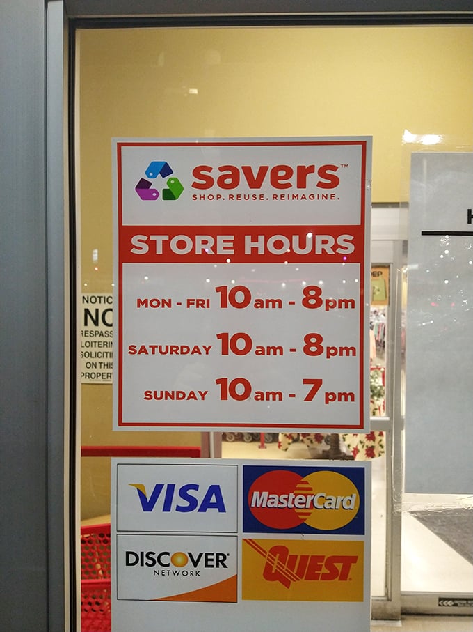 The store hours sign: a simple reminder that treasure hunting has its boundaries. Even bargain adventurers need to plan accordingly.