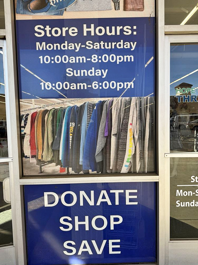 "Donate, Shop, Save"&mdash;the thrifter's mantra displayed proudly alongside generous hours that accommodate both early birds and night owls.