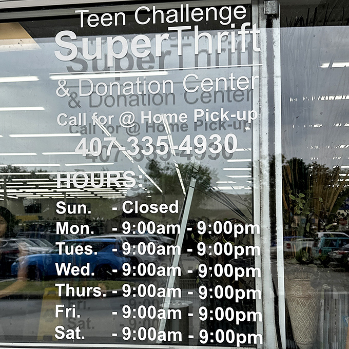 The store hours sign&mdash;memorize it, photograph it, respect it. These are the sacred times when bargain magic happens.