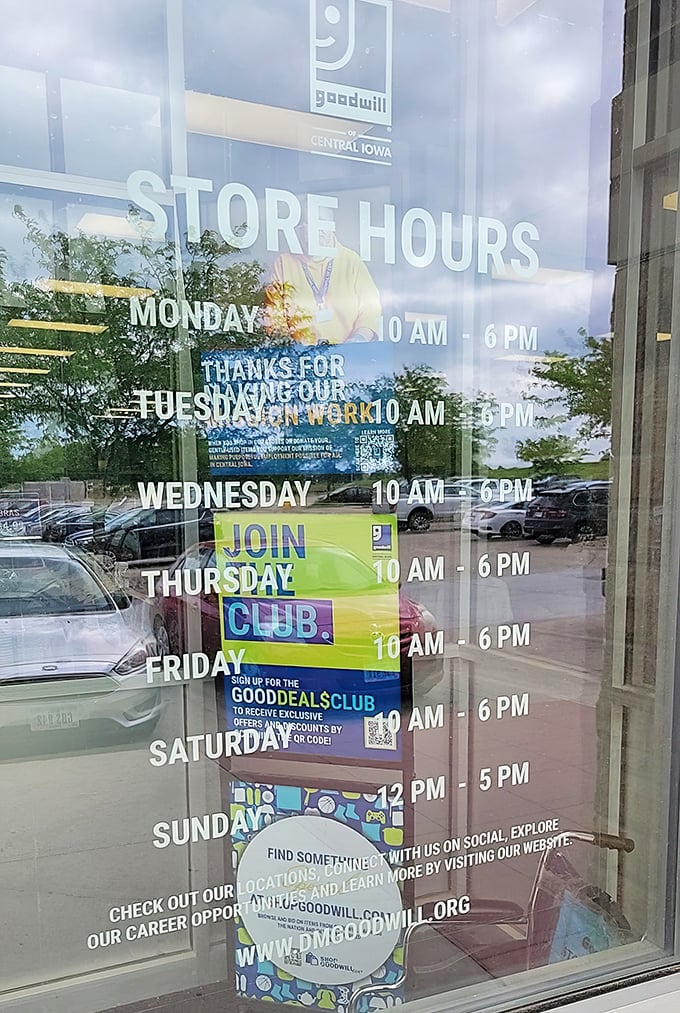 The store hours window display &ndash; your roadmap to planning strategic shopping missions throughout the week for maximum bargain hunting.
