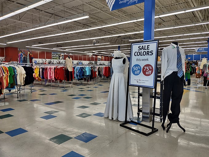 Formal wear that proves special occasions don't require special financing. That white dress could be someone's "something borrowed" that becomes something owned.