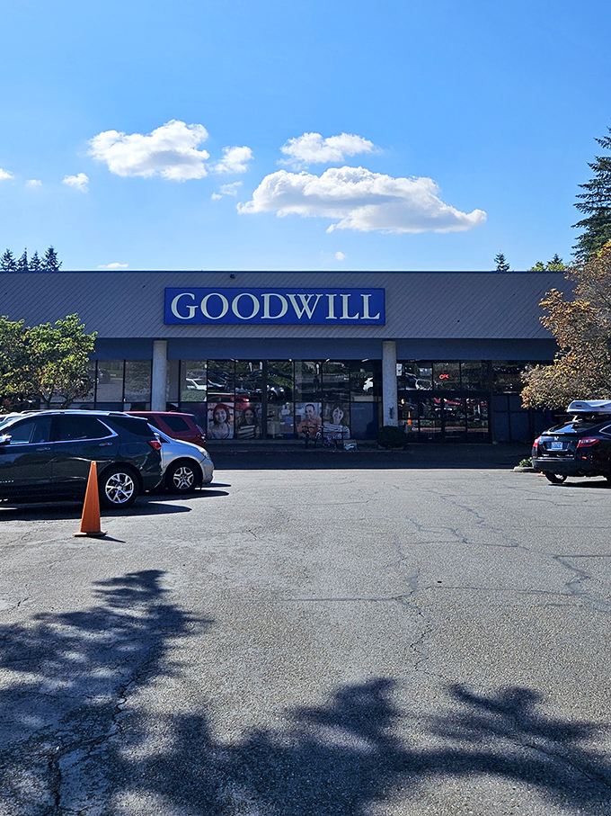 Blue skies and bigger bargains—the Renton Goodwill on a perfect Pacific Northwest day, beckoning shoppers with promises of undiscovered treasures.