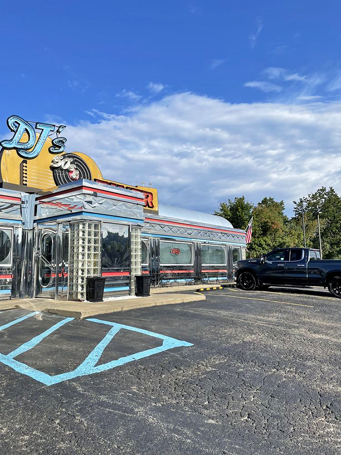 The diner's distinctive profile against a West Virginia sky &ndash; a chrome-clad time machine waiting to transport hungry travelers back to the golden age of American road food.
