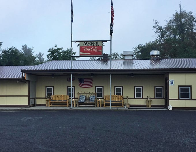 As evening approaches, Mom's Place stands ready for tomorrow's breakfast seekers – a beacon of comfort in metal roof form.